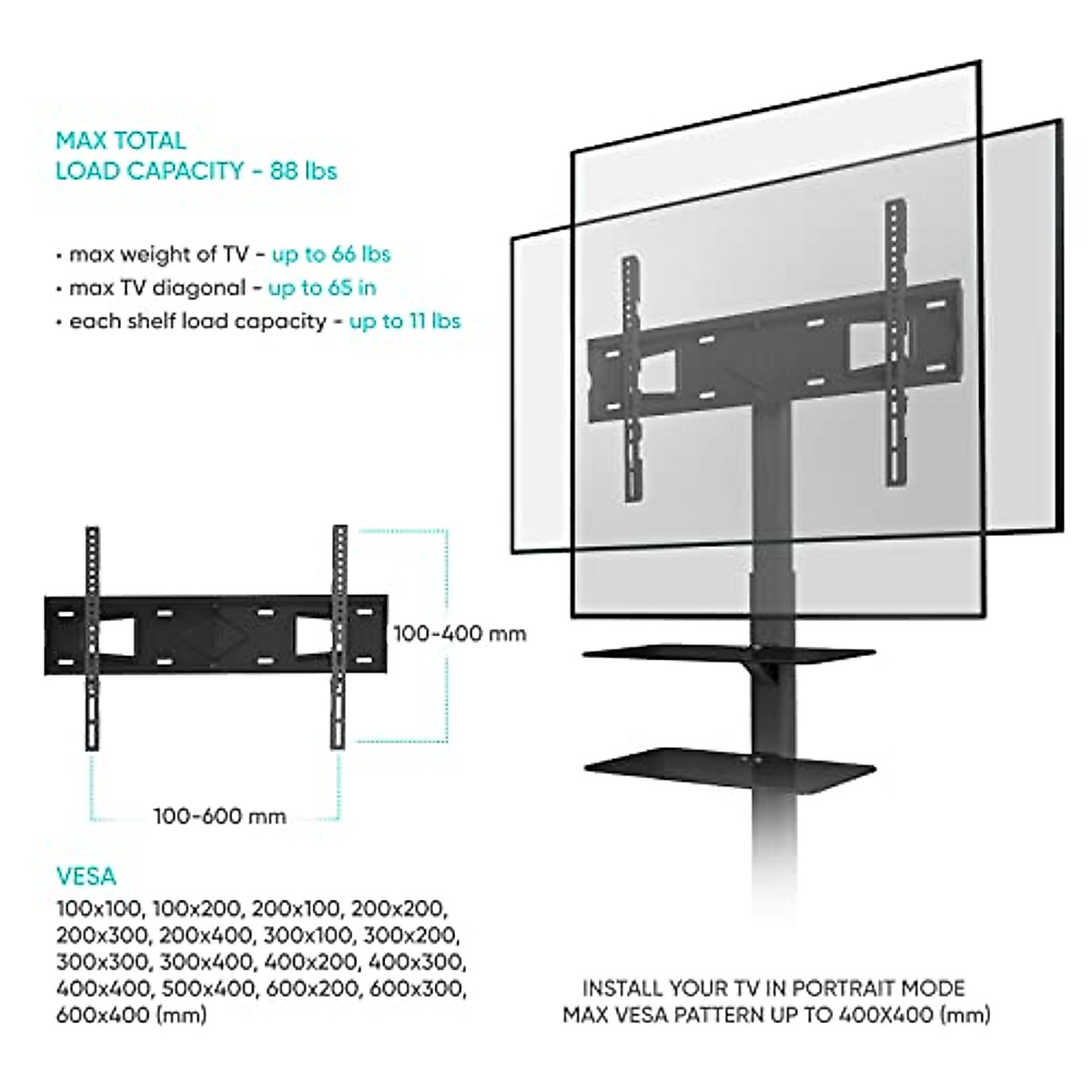 ONKRON Swivel Floor TV Stand for 32-65 Inch TV up to 66 lbs, Tempered Glass TV Stand with Mount max VESA 600x400 - Free Standing TV Stand Adjustable Height/Corner TV Stand with Shelves Black