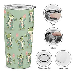 KIOWEIR Cute Frog And Flower Stainless Steel Tumbler 20oz With Lid And Straw, Insulated Tumblers Coffee Cup, Travel Mug for Ice Drink & Hot Beverage for Women Men Boys Girls