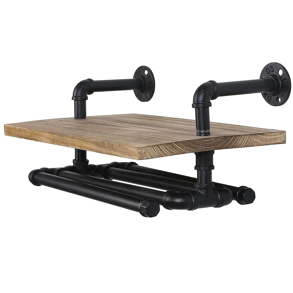 MyGift Industrial Black Metal Wine Glass Holder Wall Mount Rack with Display Shelf, Decorative Bar Stemware Hanger with Burnt Wood Floating Shelf - Holds 6 Glasses