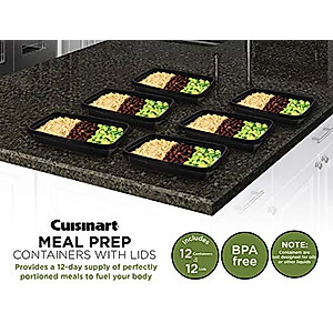 Cuisinart 1 Compartment Meal Prep Containers, 24 Piece, Set of 12 BPA Free Food Storage Containers with Lids-Reusable, Stackable Bento Box Containers-Microwave, Dishwasher, Freezer Safe-Black, 28.75oz