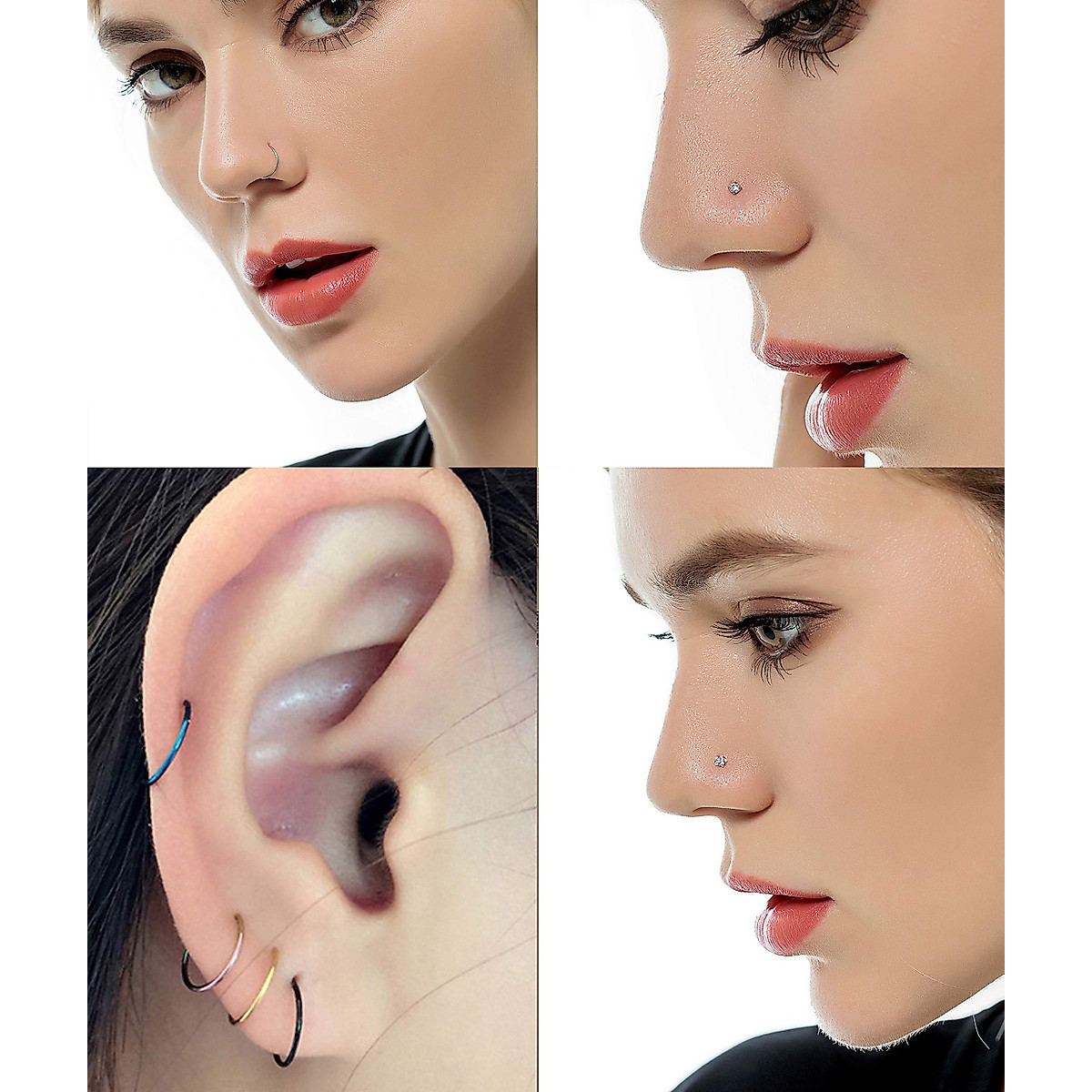 Tornito 20G 42Pcs Stainless Steel Nose Rings Nose Studs Set L-Shaped Bone Curved Nose Stud Piercing Helix Cartilage Tragus Hoop Rings Body Piercing Jewelry for Men and Women 8mm