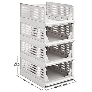 Set of 4 Stackable Closet Wardrobe Storage Bins Organizer (Easy Open and Folding), Plastic White Wardrobe Shelves Closet Organiser Box, Pull Out Like a Drawer, Suitable for Home, Bedroom, Kitchen