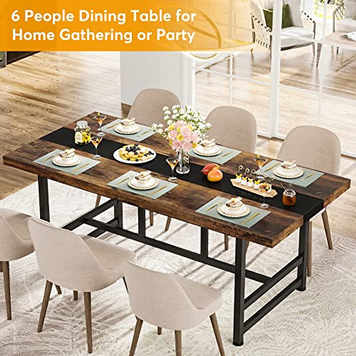 Tribesigns Rustic Dinning Table for 6, 70 inches Home & Kitchen Table, Wood Large Dinning Room Tableb with Metal Frame for Family Gathering or Party (Rectangular)