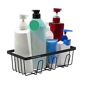 PoPThinG Shower Caddy, Bathroom Storage Shelf, Shampoo Organizer Basket with 3 Hooks and 2 Paste Adhesive. Large Capacity, Not Easy to Fall. Rust Proof Metal Shower Rack, Kitchen Storage. ( Black )
