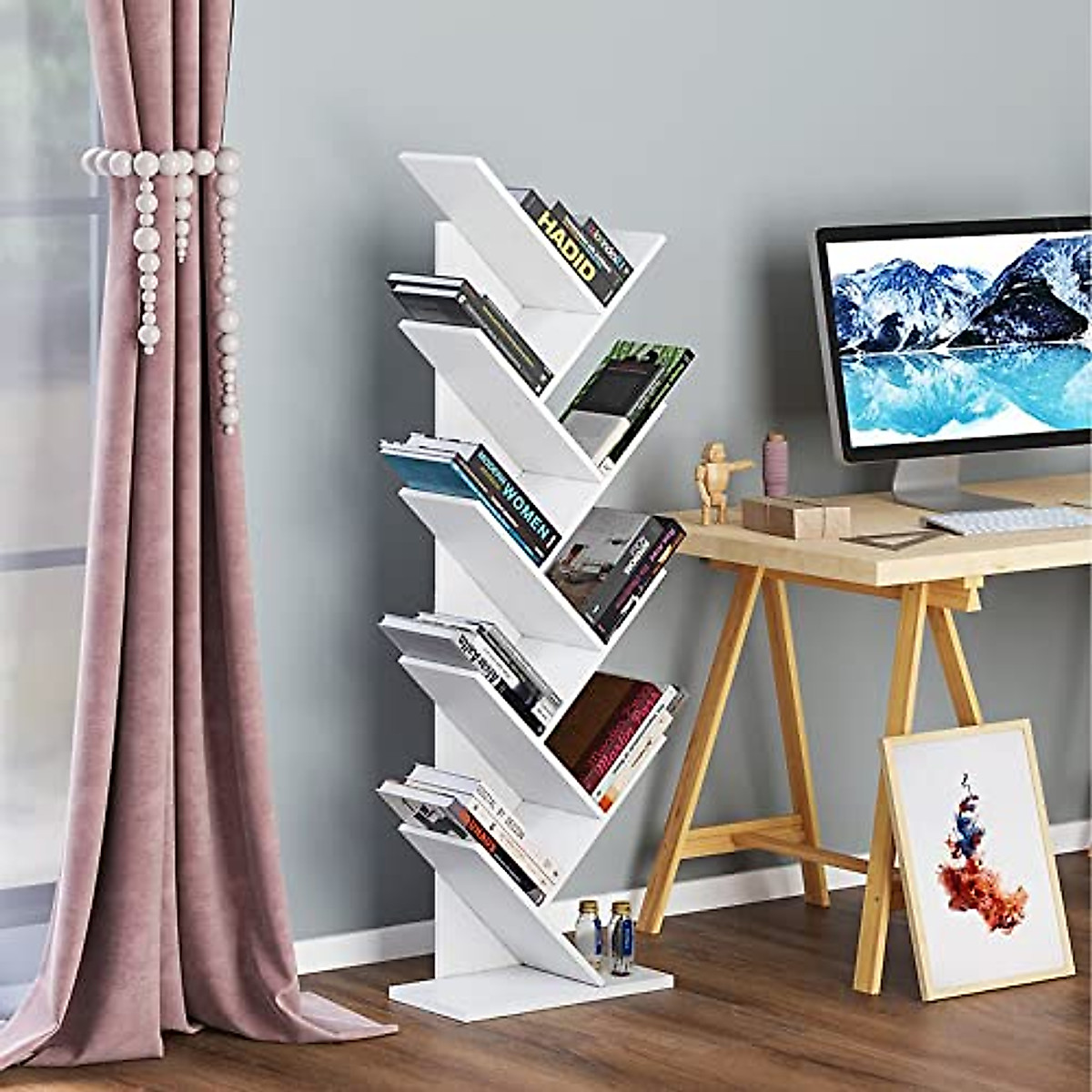 Function Home Tree Bookshelf, 9 Shelf Small Geometric Bookcase, Free Standing Book Shelves, Unique Wood Storage Rack for CDs/Books Utility Organizer Shelves for Living Room, Bedroom, Home Office,White