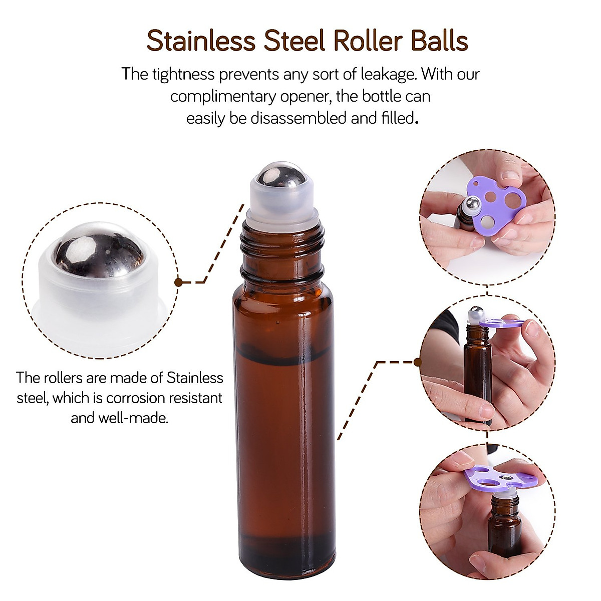 PrettyCare Roller bottles for oils 10ml (Amber Glass, 24 pack, 4 Extra Stainless Steel Balls, 48 Labels, Openers, 2 Funnels, 2 Droppers Roller Balls For Essential Oil Roller Bottles
