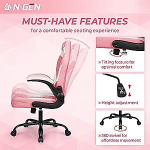 N-GEN Video Gaming Computer Chair Ergonomic Office Chair Desk Chair with Lumbar Support Flip Up Arms Adjustable Height Swivel PU Leather Executive with Wheels for Adults Women Men (Pink)