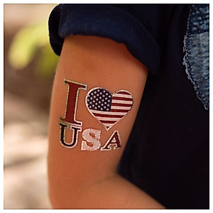 24 Patriotic Temporary Tattoos | 4th of July Party Supplies | USA Party Favors and Fourth of July Party Decorations | Metallic American Flag Red White and Blue Fake Tattoos | By John & Judy