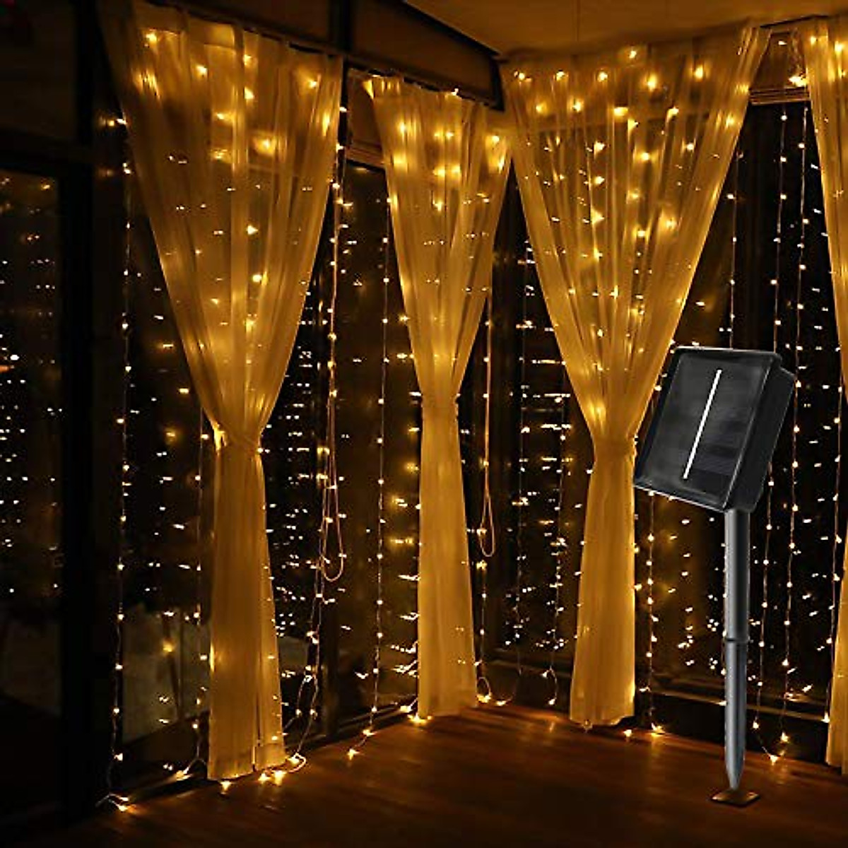 jar-owl Solar Curtain String Lights Waterproof 9.8FT*9.8FT 300 LED 8 Modes for Home /Garden /Patio Wedding /Christmas Party (Warm White)