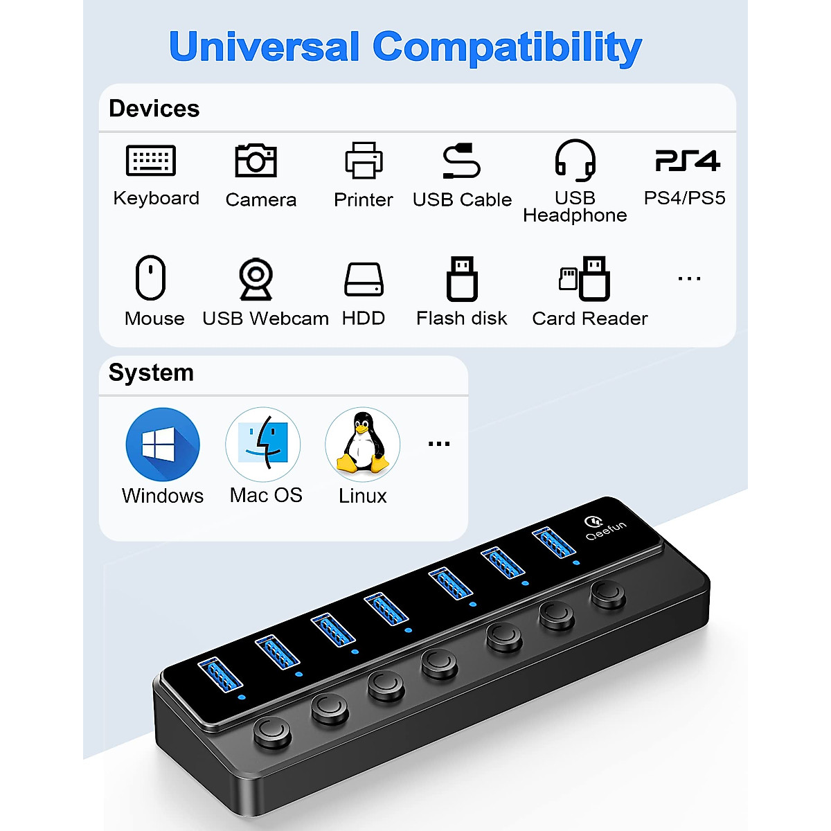 7-Port USB 3.0 Hub, Qeefun 3.0 Powered, USB Adapter USB Extender USB Port Expander USB hub for Laptop, PC, USB Flash Drives, and More ……