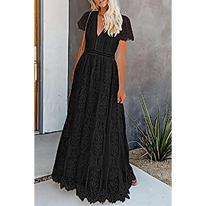 PRETTYGARDEN Women's Floral Lace Maxi Dress 2023 Short Sleeve V Neck Bridesmaid Wedding Evening Party Dresses(Black,X-Large)