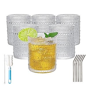 Cocktail Glasses Vintage Drinking Glasses - 13 OZ Hobnail Glassware with Straw Set of 6 - Bubble Cocktail Glass Raindrops Beaded Glassware Romantic Water Glasses Suit for Cocktail Whiskey Juice