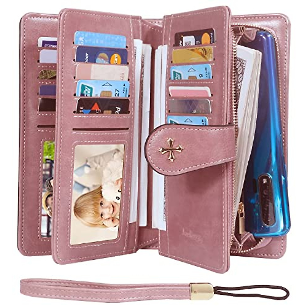 Long Wallets for Women PU Leather Credit Card Holder with Zipper Compartment Large Capacity Trifold Clutch Wristlet Multi Card Case Wallet (3-Pink)