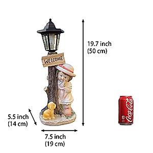 ALOAK Girl Garden Statue with Solar Lights and Welcome Sign 20 Inch, Girl Statue for Home Garden Lawn Patio Décor