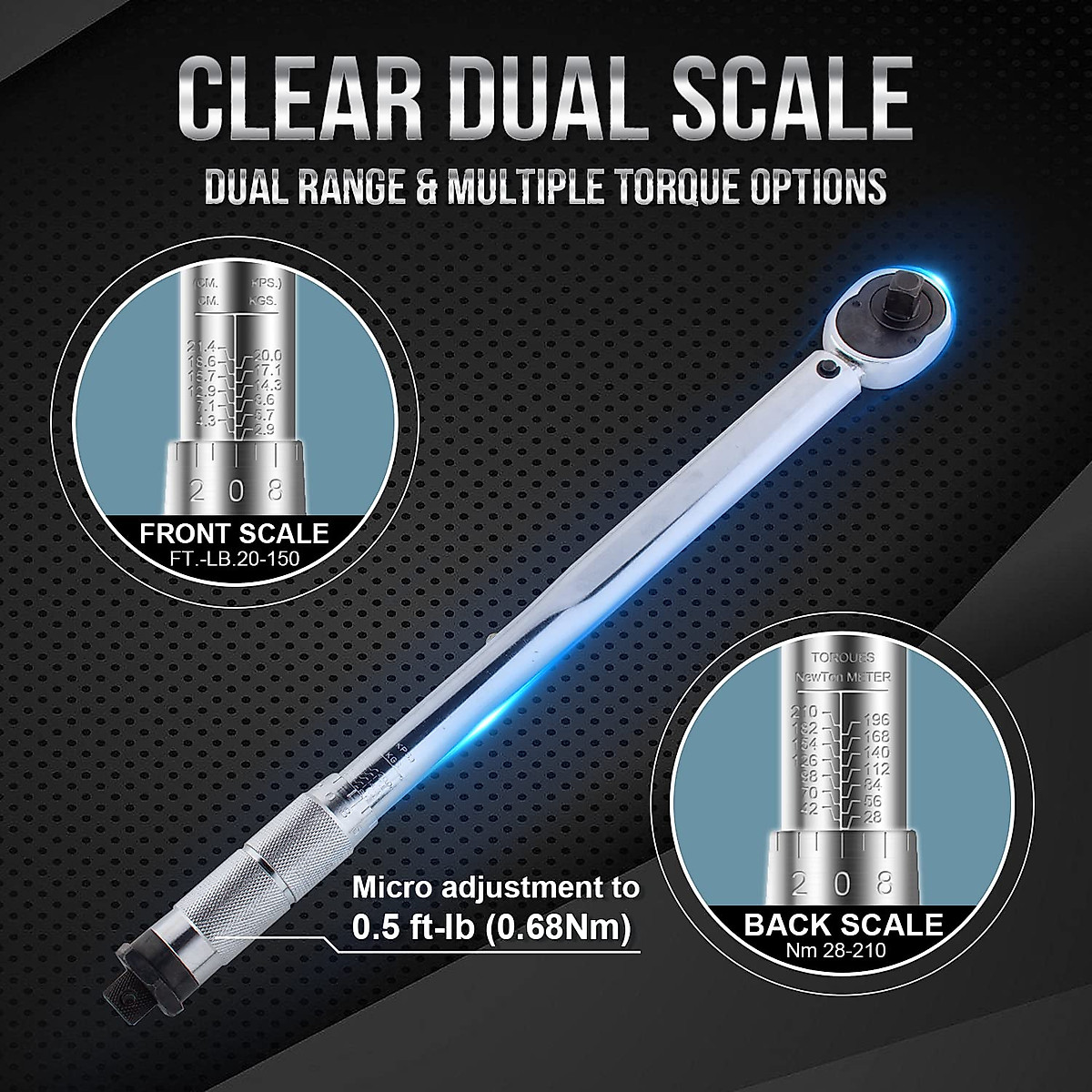 Todeco Torque Wrench Set 1/2 Inch Drive Click, 20-150 Ft.Lb/ 28-210 with 3 Sockets(17/19/21mm) and 5" Extension Bar, Perfect for Bike, Motorcycles, Automobiles