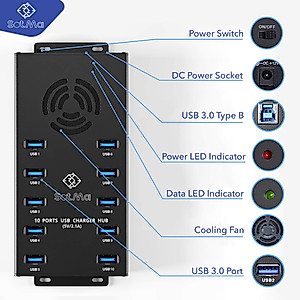 Premium Design USB 3.0 Hub - Multi-Safety Protection 10-Port Powered USB Hub 3.0 with AC Adapter - USB Splitter with Cooling Fan and Mounting Brackets - Aluminum - Hub for Multiple Devices