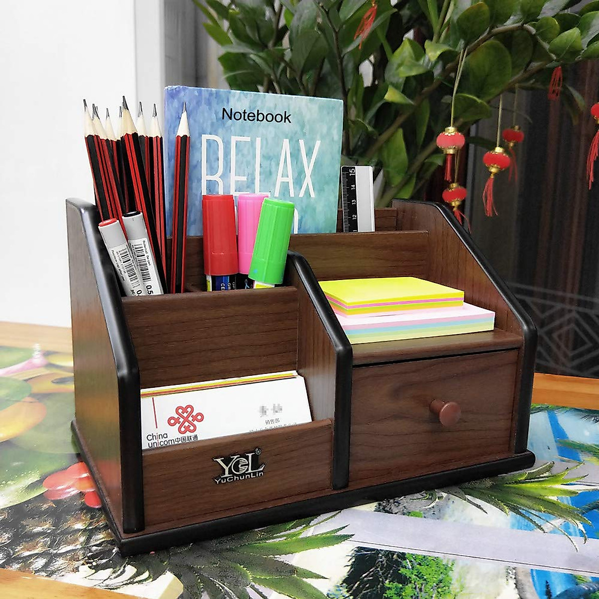 Wooden desk organizer with Drawer,Multifunctional Office & Home Storage Organizer as Large pencil holder makeup organizer remote control holder etc. (YCL829)