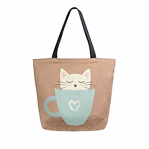 ALAZA Large Canvas Tote Bag Hello Fall Cute Cat Coffee Brown Shopping Shoulder Handbag with Small Zippered Pocket
