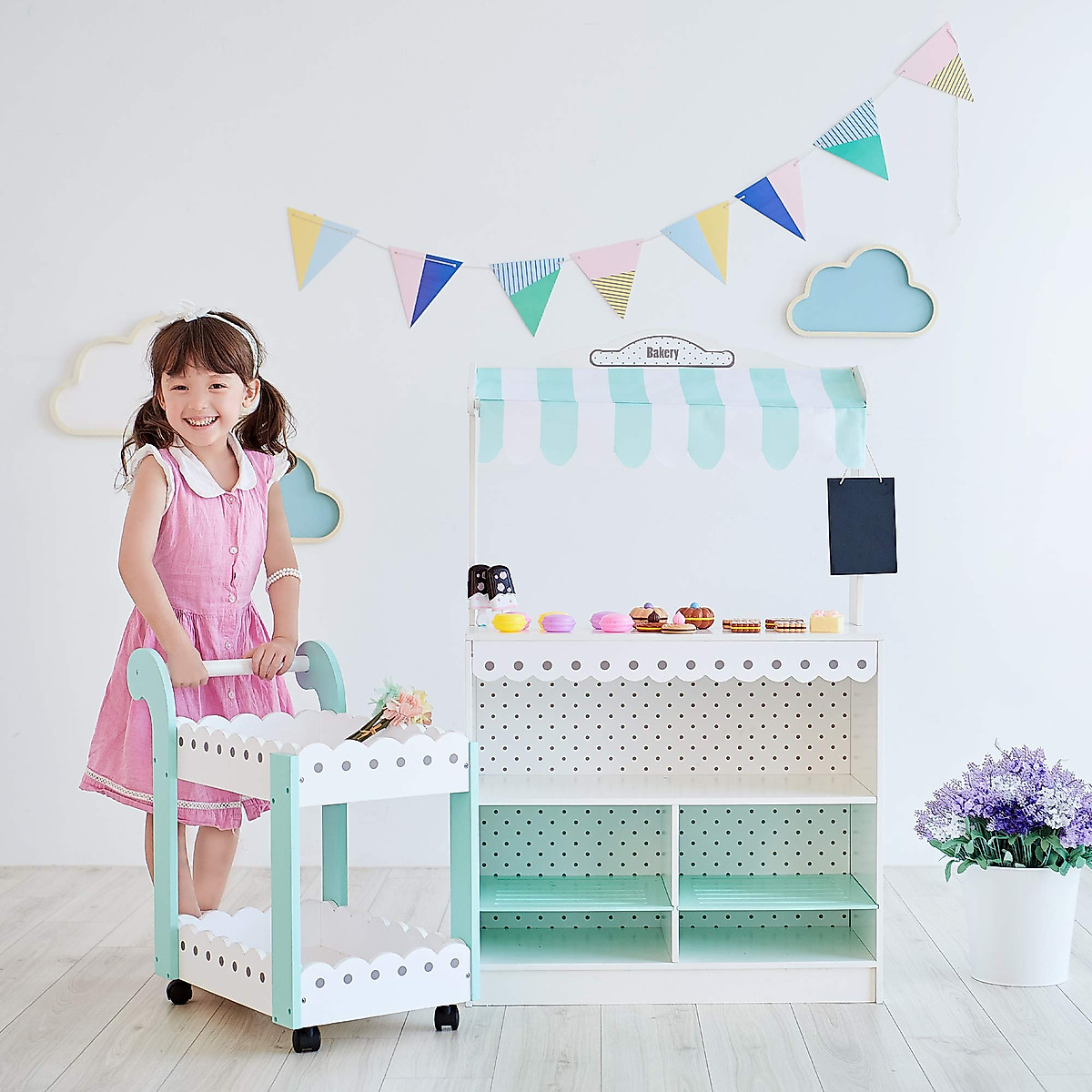 Teamson Kids My Dream Bakery Shop Dessert Stand and Rolling Pastry Cart Interactive Wooden Play Set with 18 Pretend Baked Goods, White and Mint Green with Gray Polka Dot Accents