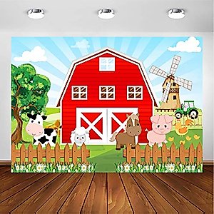 Avezano Farm Red Barn Backdrop for Kids Party Cartoon Farm Animals Birthday Party Photoshoot Photography Background Farm Theme Party Cake Table Banner Photobooth Decorations (7x5ft)