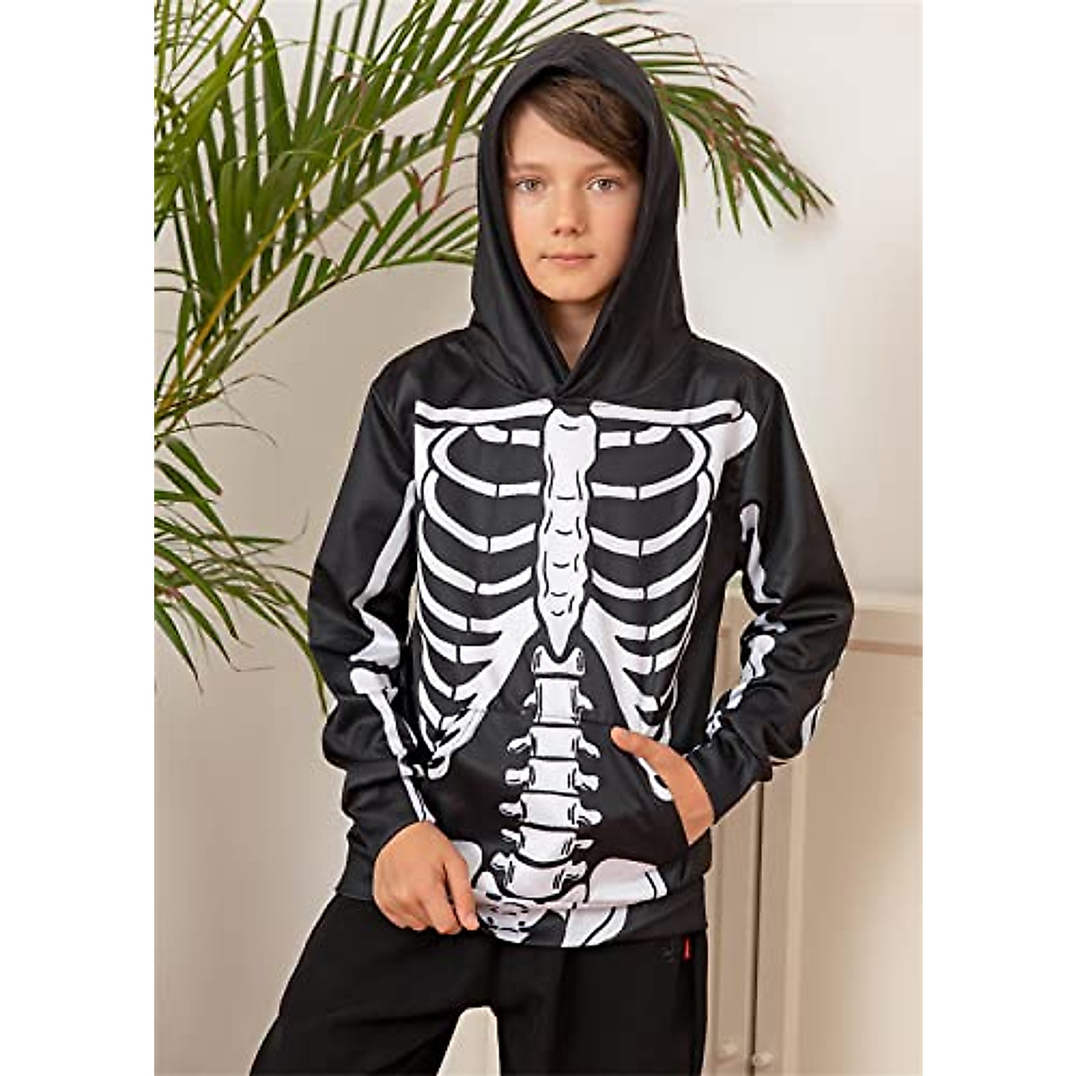Enlifety Young Kids Scary Skeleton Sweatshirts Boys Girls Long Sleeve Skull Hoodies Halloween Costume Pullover Hoody with Pocket for Winter Fall Size 8 9 10 11