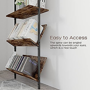 bukfen Ladder Bookshelf, 5 Shelf Modern Bookcase, Wall Mount Industrial Bookshelf, Open Wood Storage Shelves with Metal Frame for Bedroom Office, Rustic Brown