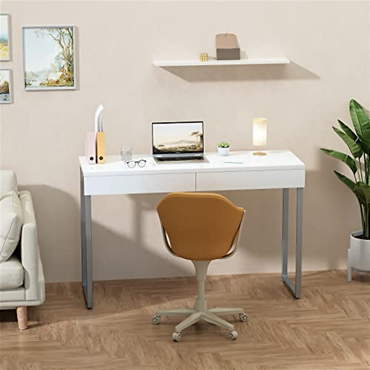 GreenForest Vanity Desk with 2 Drawers Glossy White 47 inch Modern Home Office Computer Writing Desk Makeup Dressing Table with Metal Silver Legs for Bedroom,Without Mirror