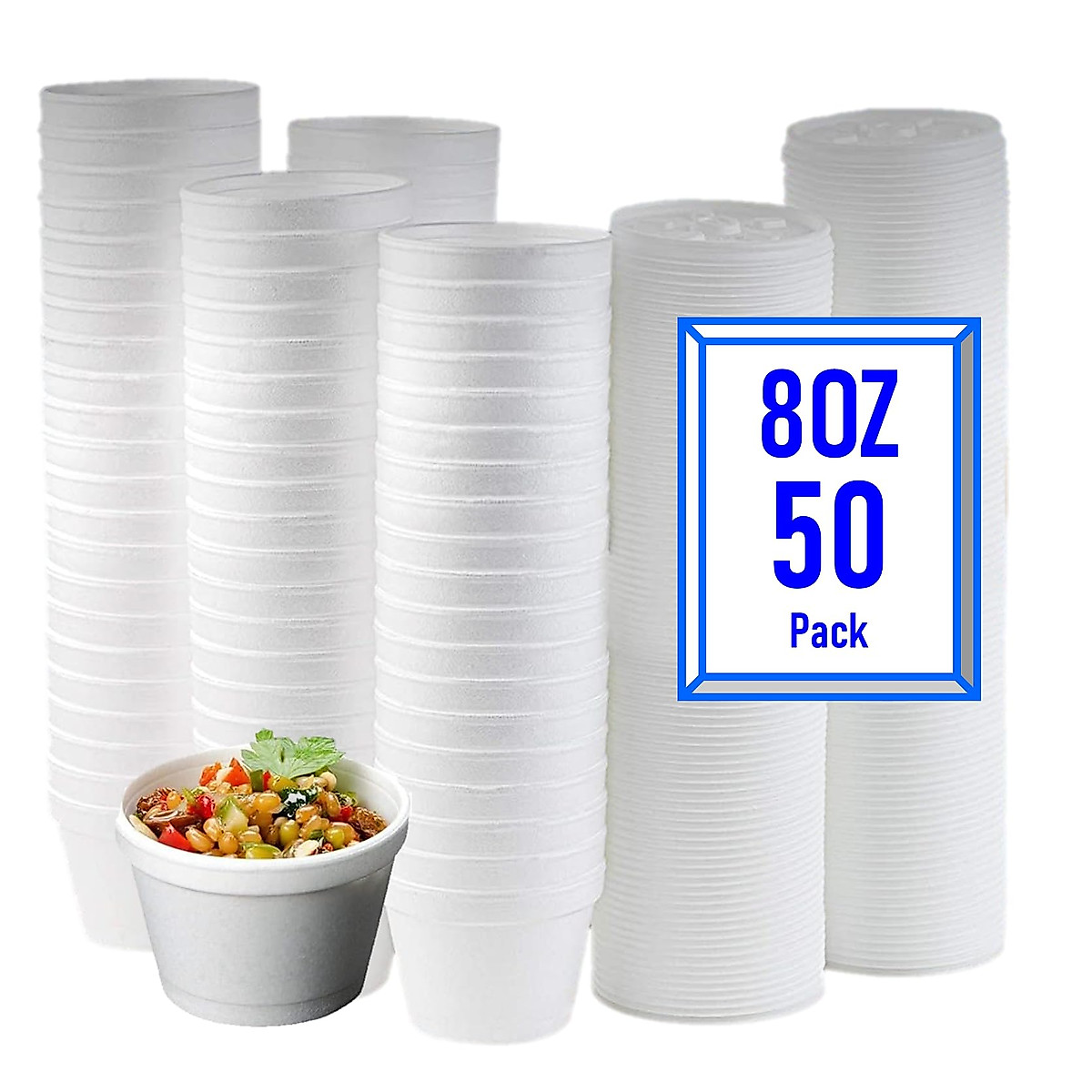 Mr Miracle Foam Bowl with Lid for Hot and Cold Foods – 8 Ounce Disposable Soup Container with Vented Lid, Great for Ice Cream, Yogurt, Soup, Takeout [50 pack]