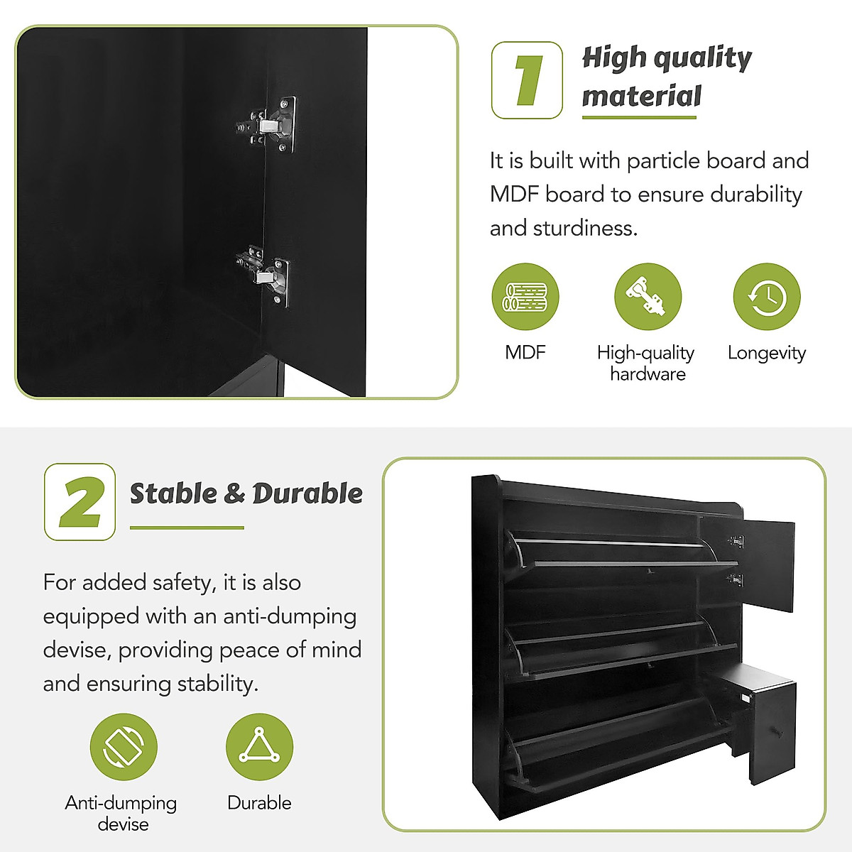 Gnrolaz Modern Shoe Cabinet with 3 Flip Drawers, Adjustable Shelf, Wood Free Standing Shoe Rack with Pull-Down Seat for Hallway, Entryway Organizer with Storage Cabinet, Black