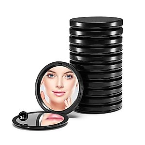 Getinbulk Compact Mirror Bulk, Set of 12 Double-Sided 1X/3X Magnifying PU Leather Round (Black, 2.7inch Diameter)