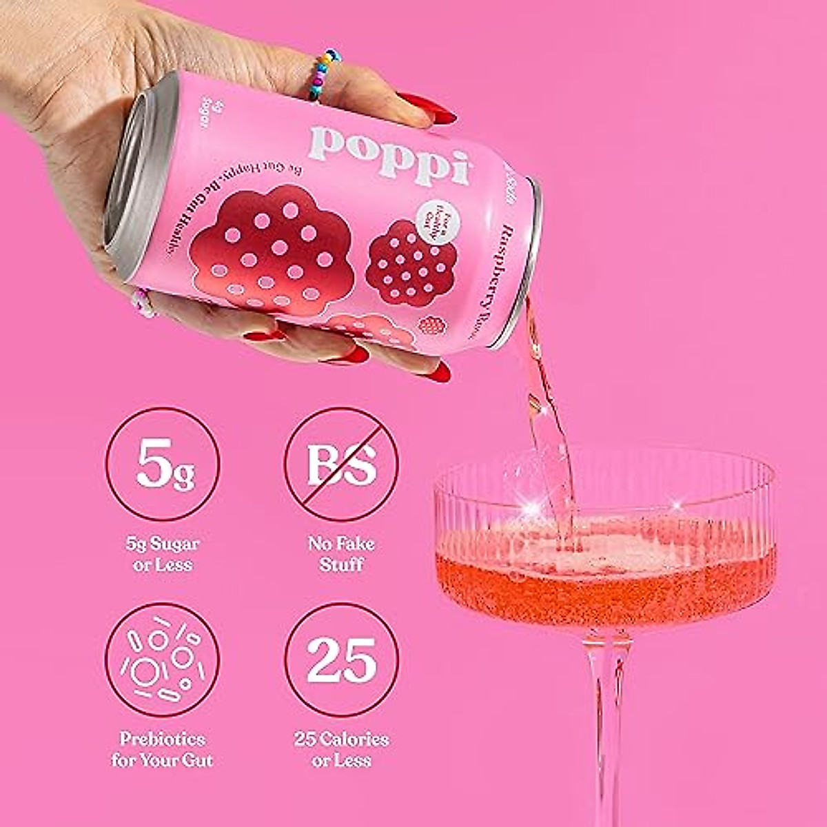 POPPI Sparkling Prebiotic Raspberry Rose Soda w/ Gut Health & Immunity Benefits, Beverages made with Apple Cider Vinegar, Seltzer Water & Fruit Juice, Low Calorie & Low Sugar Drinks, 12oz (12 Pack) (Packaging May Vary)
