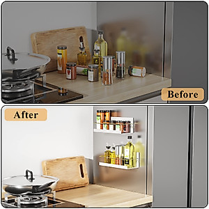 SZQINJI Magnetic Spice Rack Organizer Set of 2, Strong Magnetic Shelf for Refrigerator Space Saving Kitchen Organization, Metal Fridge Shelves for Holding Spices, Jars, Bottle, White