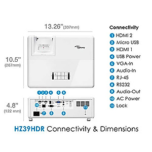 Optoma HZ39HDR Laser Home Theater Projector with HDR | 4K Input | 4000 lumens | Lamp-Free Reliable Operation 30,000 hours | Easy Setup with 1.3X Zoom | Quiet Operation 32dB | Crestron Compatible,White