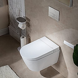 WOODBRIDGE Intelligent Compact Elongated Dual-flush wall hung toilet with Bidet Wash Function, Heated Seat & Dryer. Matching Concealed Tank system and White Marble Stone Slim Flush Plates Included