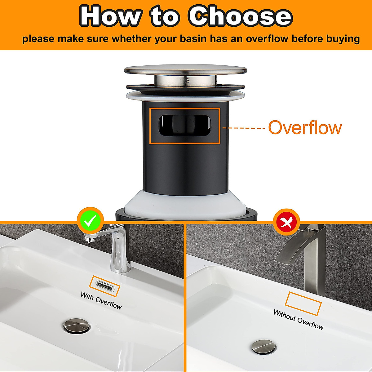 Pop Up Bathroom Sink Drain - Bathroom Sink Stopper with Overflow for Faucet Vessel, Push Type Bathroom Sink Vanity Assembly with Strainer, Brushed Nickel