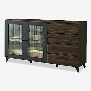 worldchoice Sideboard Buffet Cabinet 63" Wine Bar Cabinet with 4 Drawers & 2 Tempered Glass Doors Coffee Bar Cabinet Console Cabinet with Adjustable Shelf for Living Room Dining Room Kitchen, Grey