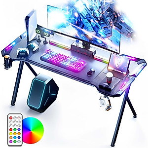 Dowinx Gaming Desk with LED Lights, RGB Gaming Computer Table with Carbon Fibre Surface, LED Home Office Desk with Remote Control, Pc Workstation with Cup Holder and Headphone Hook, Black