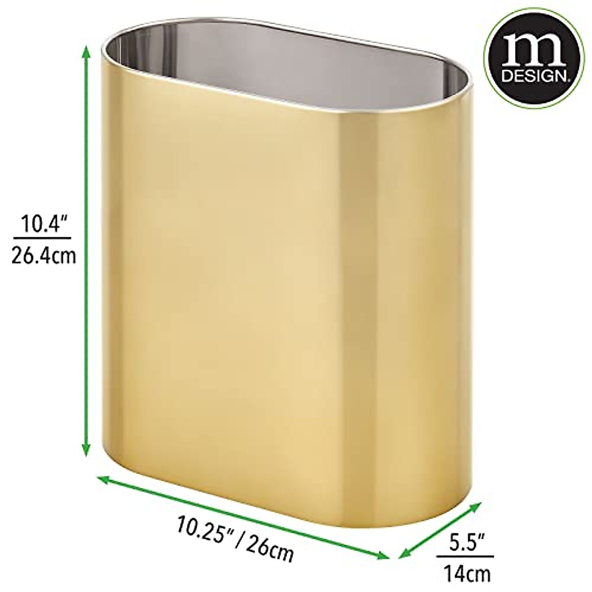 mDesign Slim Pill Shaped Metal 1.98 Gallon Recycle Trash Can Wastebasket, Garbage Container Bin for Bathrooms, Kitchen, Bedroom, Home Office - Durable Stainless Steel - Mirri Collection - Soft Brass