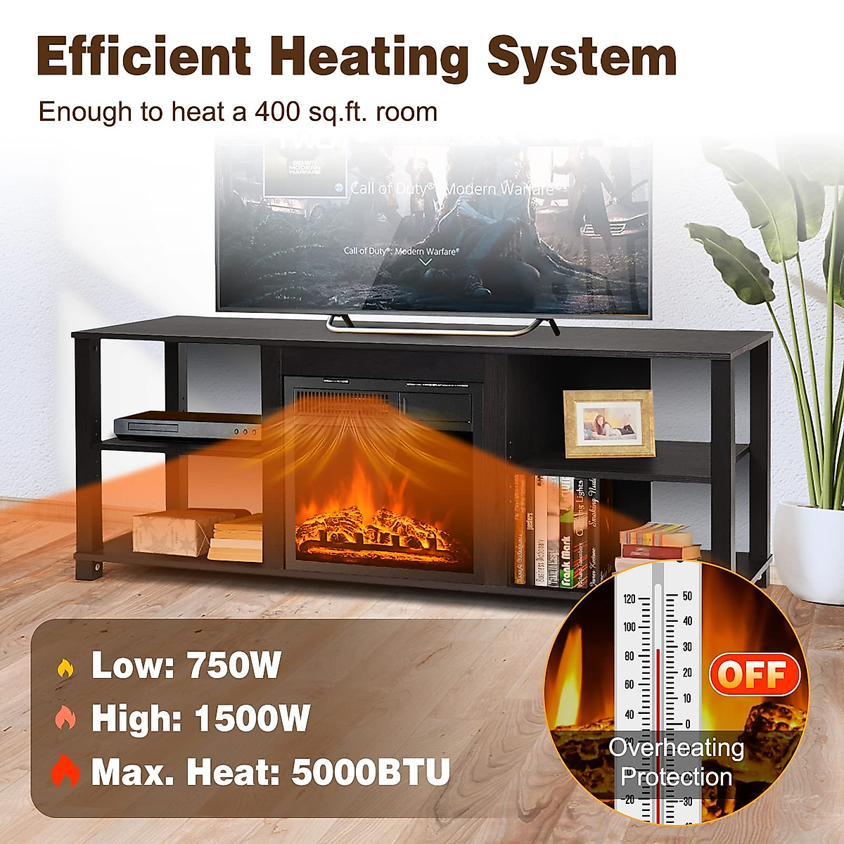 Tangkula Fireplace TV Stand for 65 inches TV, with 18 inches 1500W Recessed Electric Fireplace with 7 Flame Setting & Remote Control,Faux Fireplace TV Stand