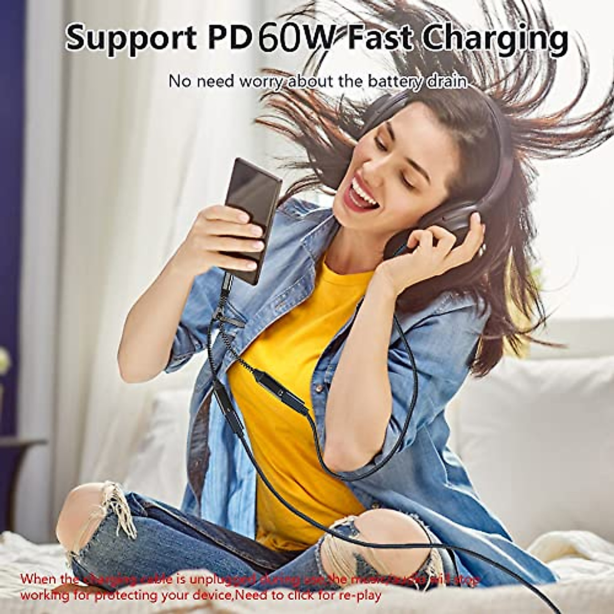 HLDInie USB Type C to Dual USB Type C Audio C-Type Headphone Connector and C-Type Charging Adapter, Charging and Music 2 in 1 Aux Cable (Black)