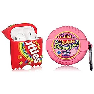 Lupct for Airpod 2/1 Silicone Case, Soft Cartoon Fashion Cute Food Design Air Pods Cover Girls Women Funny Fun Cool Unique Kawaii Keychain Cases for AirPods 2&1 (Bubble Gum+Rainbow Sweet) (2 Packs)