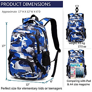 BLUEFAIRY Boys Backpack for School Bookbag for Kids Elementary Middle School Bags for Teens Mochila Escolar para Niños 8-10 Back to School Gifts Large Compartment Camo Blue