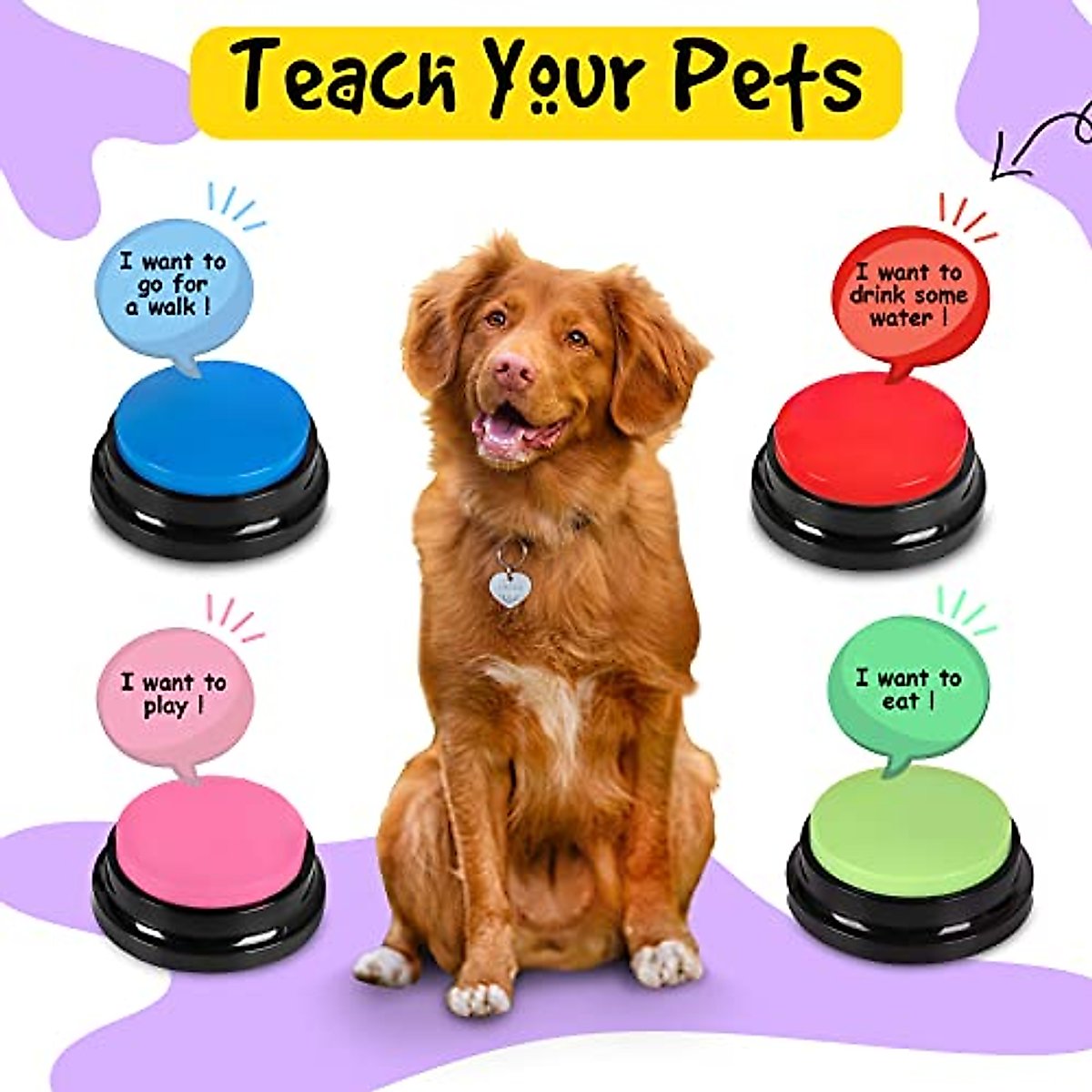 SUHSAI Dog Buttons for Communication, Pet Training Buzzer 30 Second Records & Playback, Voice Recorder and Speaking Button, Dog Talking Button for Pet, Cat, Dog (Pack of 4)