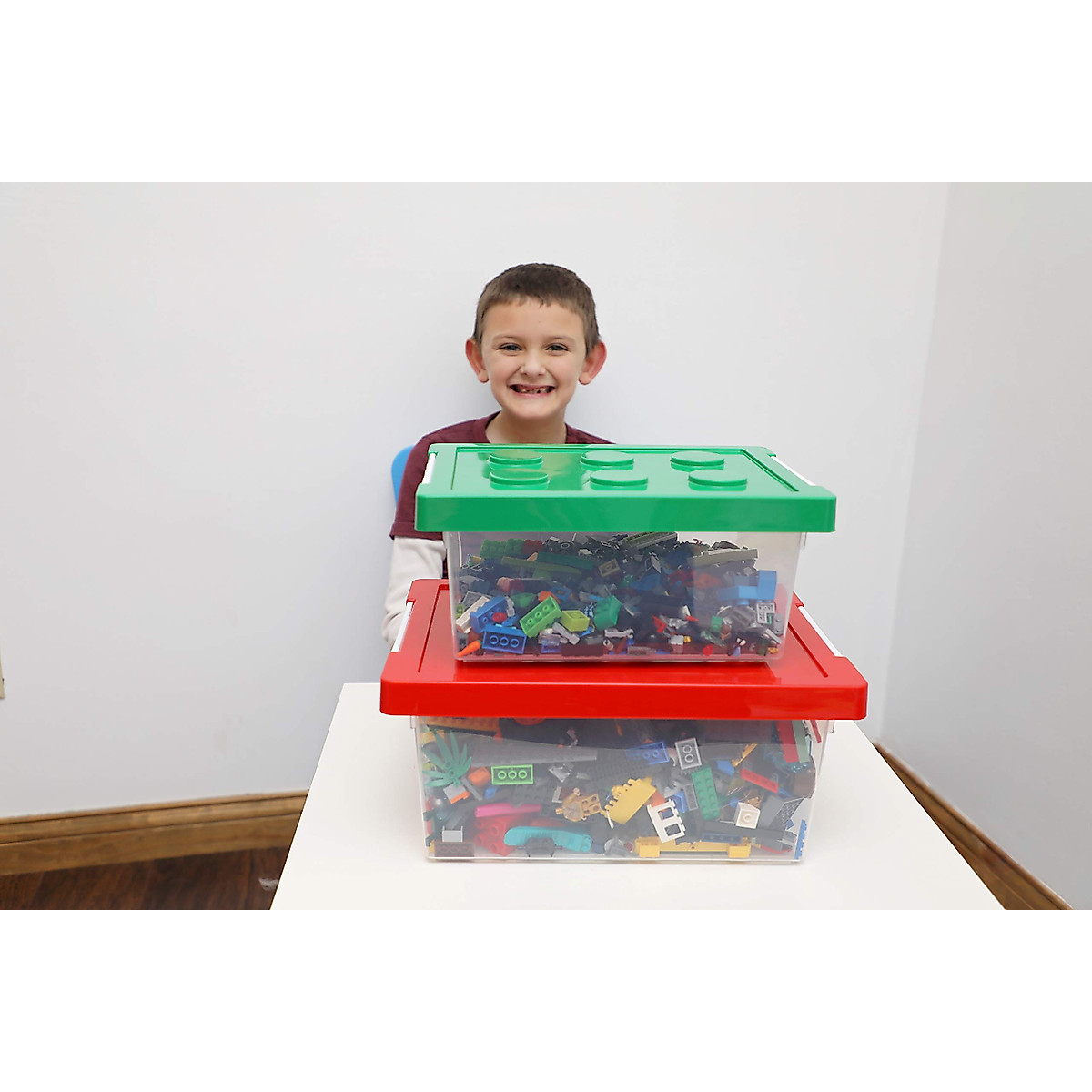 ASH BRAND Toy Organizer Set of 2 Large and Small Brick Shaped Storage Containers for Building Brick Storage, Small Dolls, bricks toys, Small Kids Toys - Plastic Kids Toy Chest