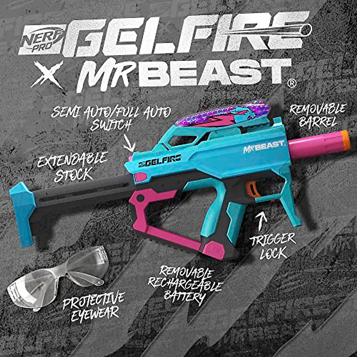 NERF Pro Gelfire X MrBeast Full Auto Blaster & 20,000 Gelfire Rounds, 300 Round Hopper, Rechargeable Battery, Eyewear, Ages 14 & Up