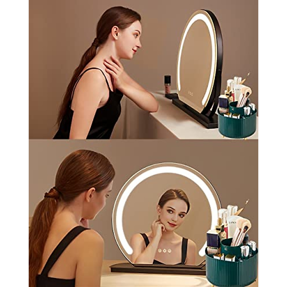 Large Capacity Makeup Brush Holder, 360° Rotating Makeup Perfume Organizer, 5 Slot Makeup Brushes Cup Tray for Vanity Decor Bathroom Countertops Cosmetic Desk Storage Container Display Case (Green)