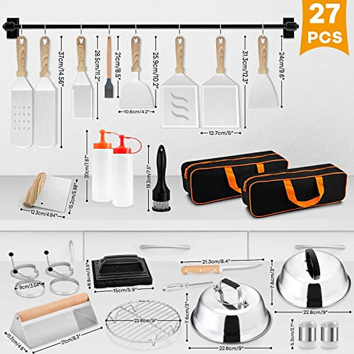 27Pcs Griddle Accessories Kit, Leonyo Stainless Steel Flat Top Grill Accessories Set, Outdoor BBQ Heavy Duty Metal Spatulas with 9" Melting Domes, Burger Press, Meat Tenderizer, Cooling Rack