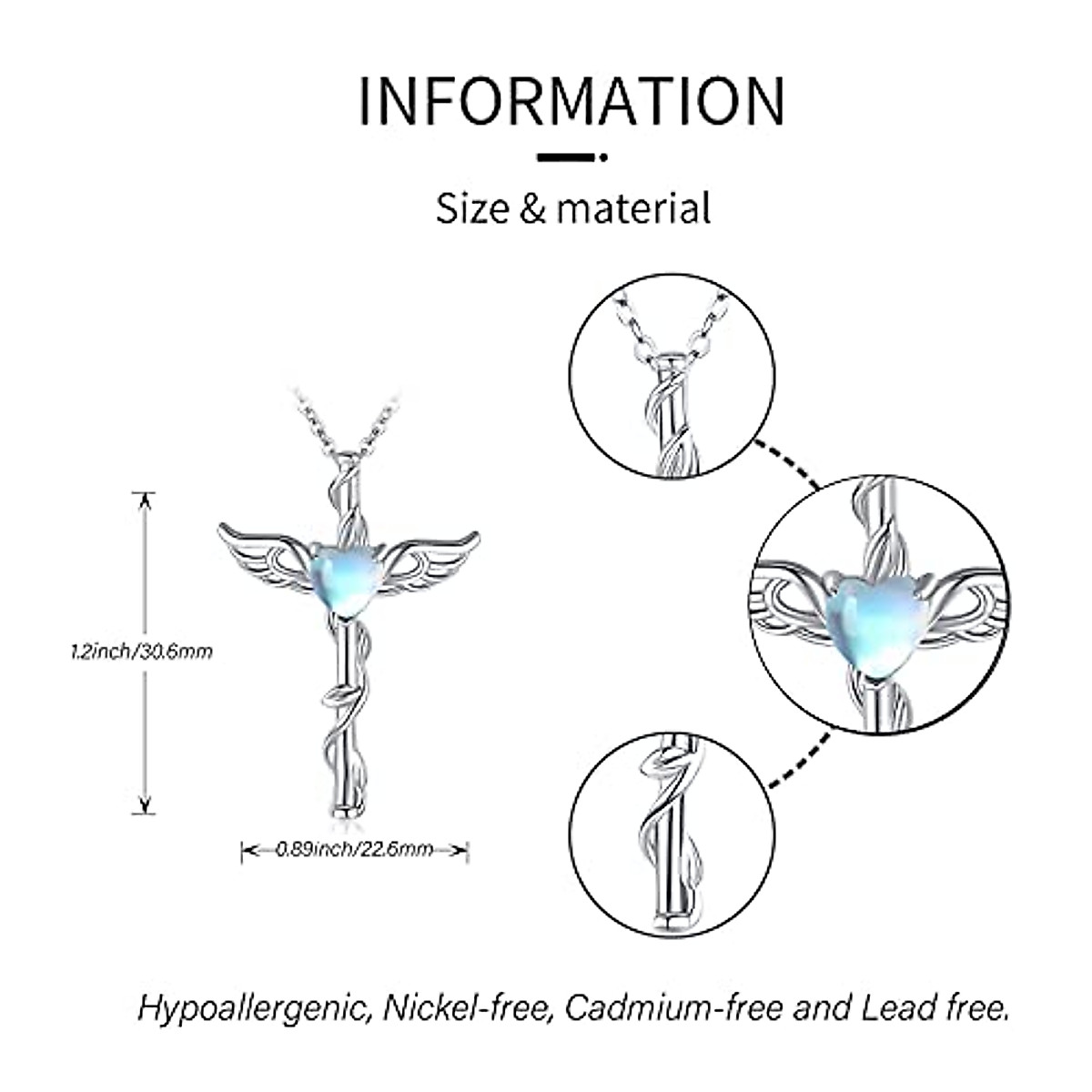 Midir&Etain Angel Necklace 925 Sterling Silver Moonstone Angel Wings Cross Pendant Necklace Hypoallergenic Moonstone Angel Cross Jewelry Gift for Women