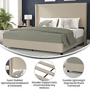 EMMA + OLIVER Nora Wingback Platform Bed - Beige Faux Linen Upholstery - Durable Engineered Wood Frame - No Box Spring Needed - Lightweight Design - King