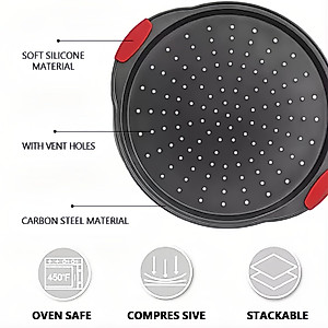 ZOEHROWS Pizza Pan for Oven (2 Pack) Round Pizza Pan with Holes - Non-Stick Carbon Steel Pizza Tray with Silicone Handles - for Cooking, Baking, and Grilling - Dishwasher Safe